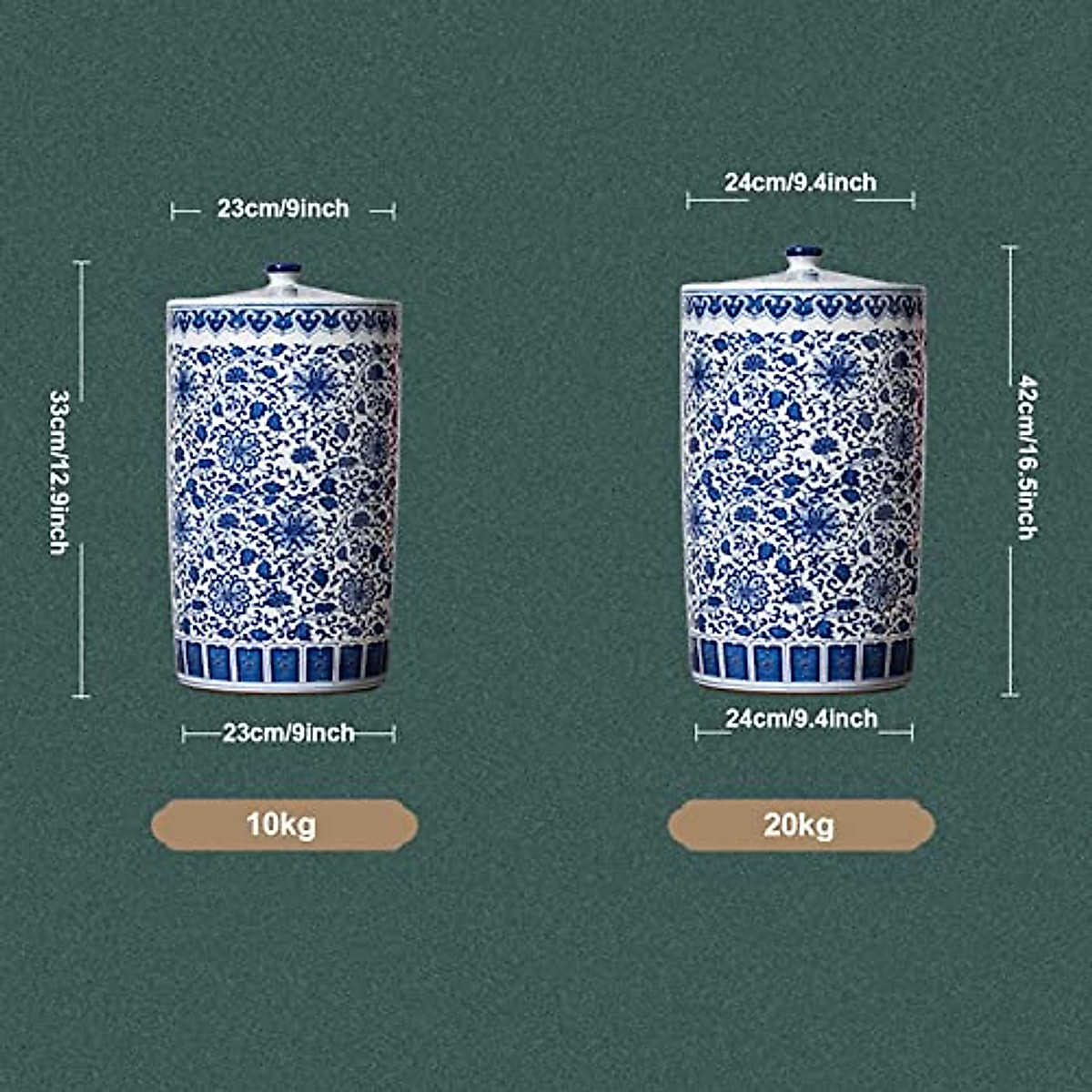 TUU Chinese Rice Dispenser Ceramic Large Capacity Sealed Cereal Storage Container with Lid Grain Dispenser Suitable for Kitchen Soybean, Corn, Flour, Sugar, Rice, Nuts, Snacks, Pet Food 22/44Lbs