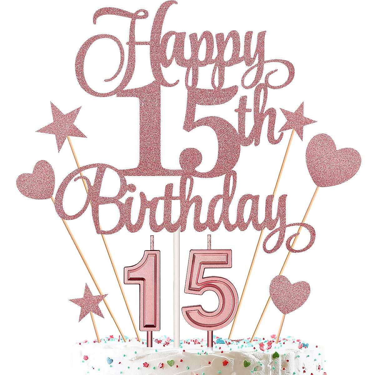 15th Birthday Cake Decorations Set Include 15th Birthday Candles Numeral 15 Cake Candles and Happy 15th Birthday Cake Toppers with Heart Star Cupcake Picks for Birthday Party (Rose Gold Series)