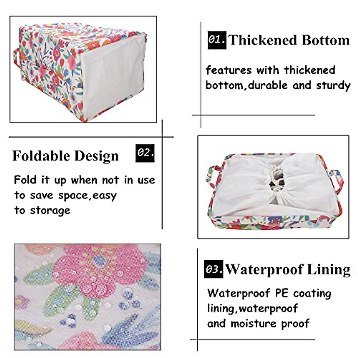 Yodo Collapsible Laundry Baskets-Large Foldable Laundry Hampers Freestanding Clothes Toy Storage Organizer with Waterproof Lining and Drawstring Closure,Flower