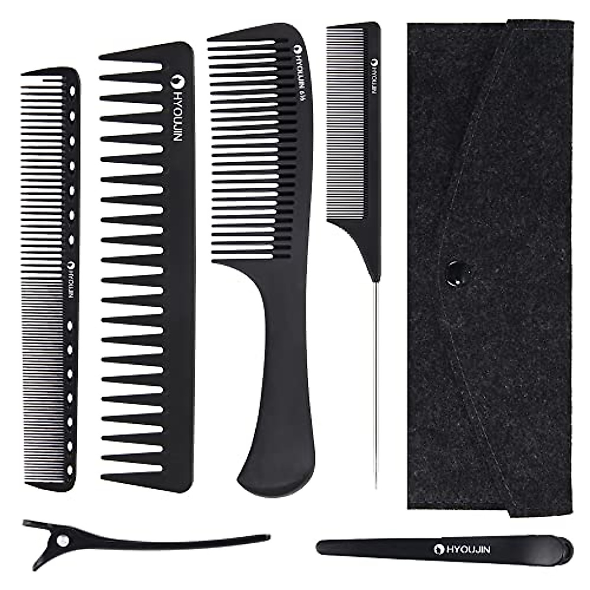 HYOUJIN 7 pcs Hair Comb Set Rat Tail Parting Combs Carbon Wide and Fine Tooth Comb Brush Cutting Comb Professional Styling Hair Combs for Women,Men Accessories with Clips