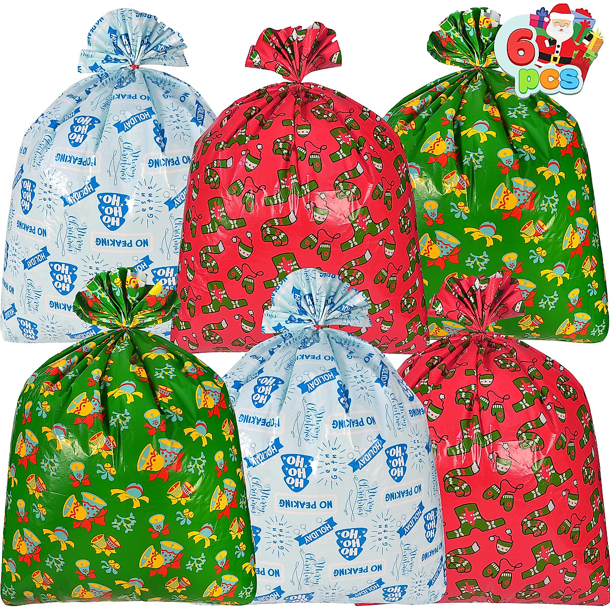 JOYIN 6 Pieces Christmas Giant Goody Gift Bags, Jumbo Size 43” X 36”, W/ Tie & Name Card Assortment for Holiday Treats, Oversize Xmas Gifts, Heavy Duty Party Favor Supplies, Christmas Goodie Large Bags
