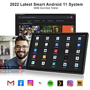 Oangcc 10.1" Android 11 Tablet, 2 in 1 Tablet 4GB RAM 64GB ROM (Up to 128G) Dual Camera Computer Tablet PC with Bluetooth Keyboard | Wireless Mouse | Stylus | Case | and More - Black