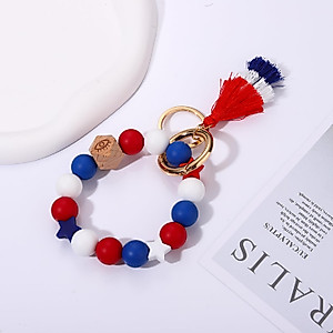 boderier 4th of July Star Silicone Bracelet Keychain Wristlet Bangle Keyring Patriotic American Flag Portable House Car Keys Ring Holder W/Tassel (Star Red White Blue)