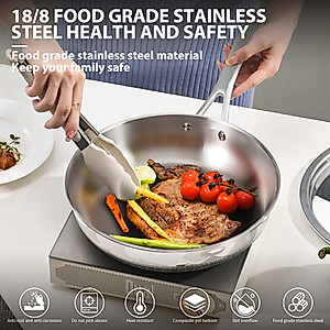 Fortune Candy Fry Pan with Lid, 3-ply Skillet, 18/8 Stainless Steel, Induction Ready, Dishwasher Safe, Silver (10 inches)