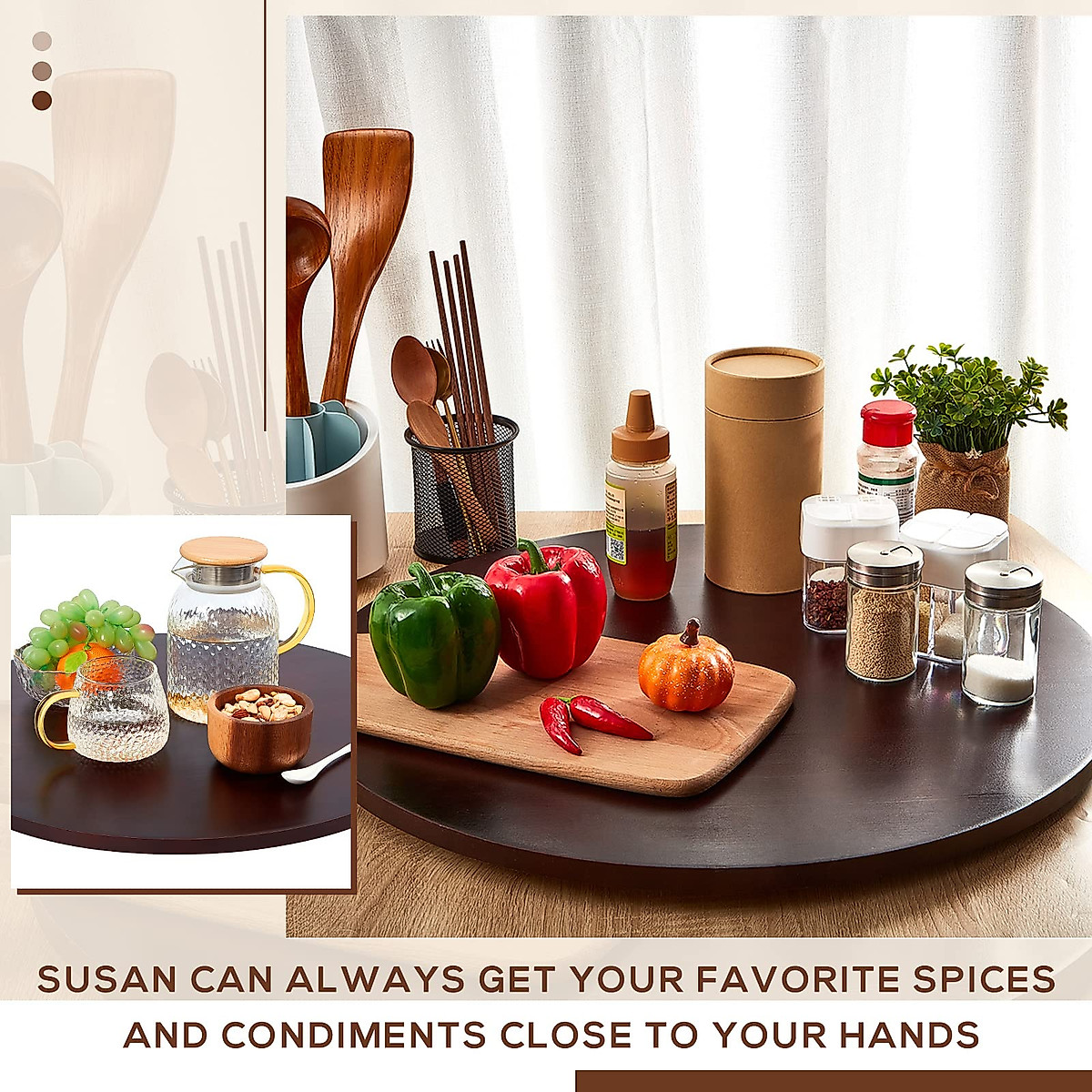 2 Pcs 21 Inch Lazy Susan Organizer Pine Wood Lazy Susan for Table Round Large Lazy Susan Turntable Rotating Dining Room Turntable Spinning Table Tray for Kitchen Cabinet Countertop Storage, Dark Brown