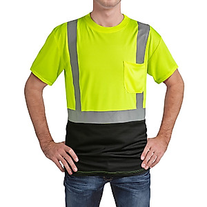 DPSAFETY High Visibility Shirts Quick Dry Safety T Shirts with Reflective Strips and Pocket Short Sleeve Mesh Hi Vis Construction Work Class 2 Shirt for Men/Women Black Bottom Lime,Medium