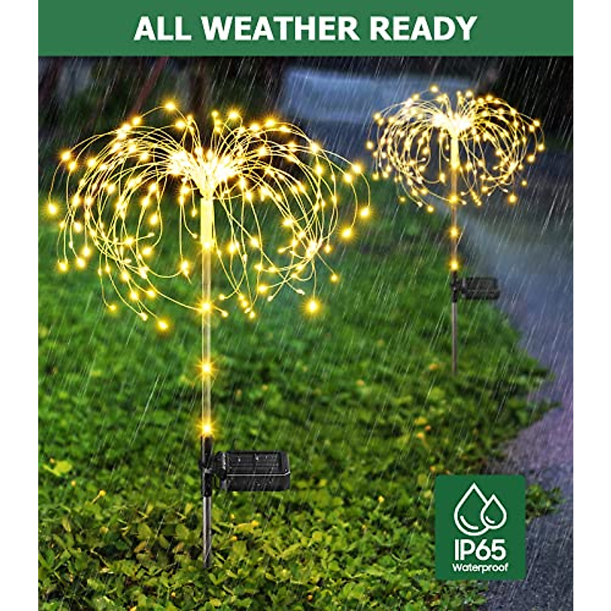 E-Kong Outdoor Solar Garden Lights 4 Pack, Upgraded 125 LEDs Outdoor Lights for Patio, Solar Fireworks Light with 2 Modes, IP65 Waterproof, Solar Pathway Lights for Yard, Garden, Walkway (Warm White)