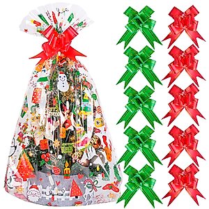 20pcs Christmas Basket Bags 24x36 inch Snowman Santa Cellophane Bags with Pull Bow Set 10 Christmas Packaging Bags 10 Ribbon Bows