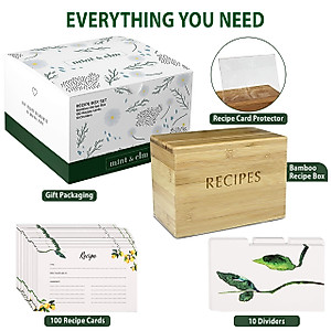 Mint & Elm Recipe Box with 100 Cards and 10 Dividers - Recipe Organizer Includes Plastic Holder for 4x6 Cards (Natural Bamboo)
