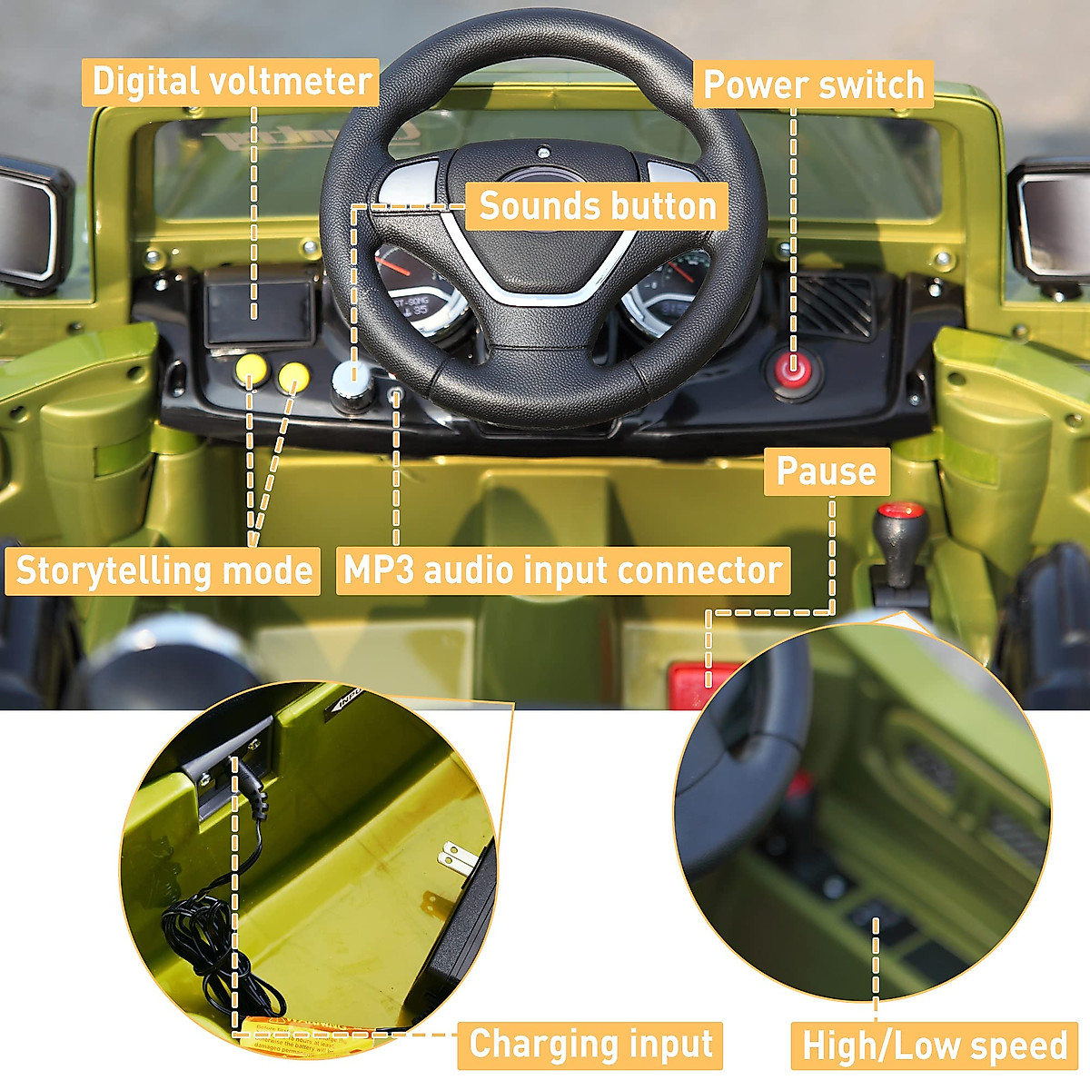 TOBBI 12V Kids Ride On Truck Car Electric Car for Kids with w/Parental Remote Control, Music, MP3 Player, Spring Suspension, 2 Doors Open,Working Horn, Army Green