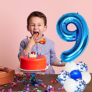 Huture 9 Birthday Party Supplies Blue Number 9 Foil Balloon Happy Birthday Banner Kit 9th Birthday Decoration White Blue Latex Confetti Balloon Foil Star Balloon Great Gift for Girls Boys Birthday