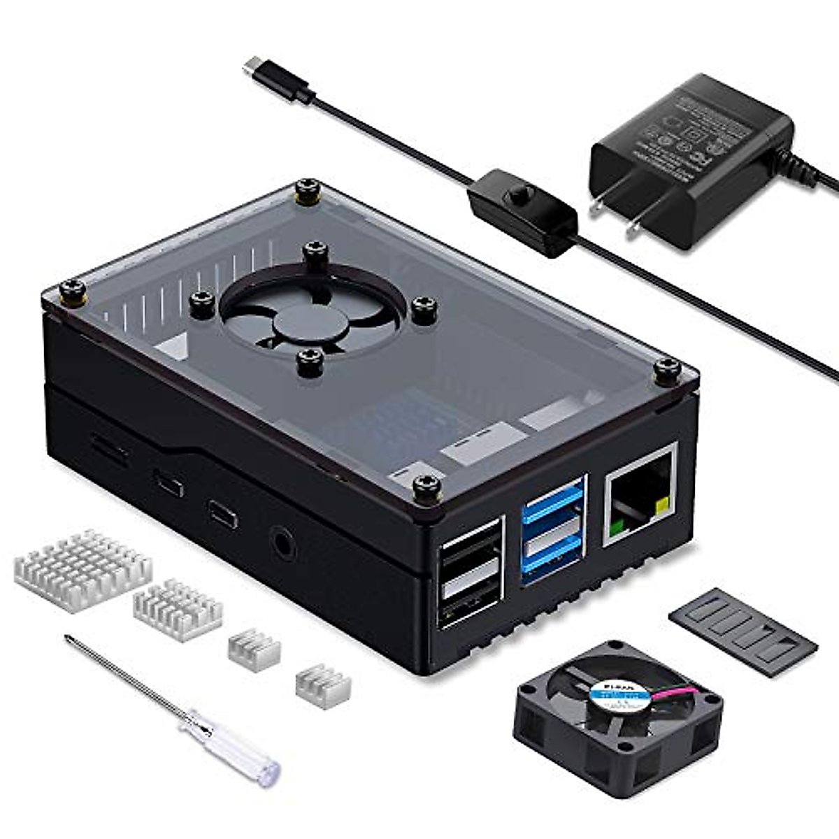 Smraza for Raspberry Pi 4 Case, Raspi 4B Case with Cooling Fan 35MM, 4pcs Heatsinks, 5V 3A USB-C Power Supply for Raspberry Pi 4 Model B RPI 4 8GB/4GB/2GB/1GB