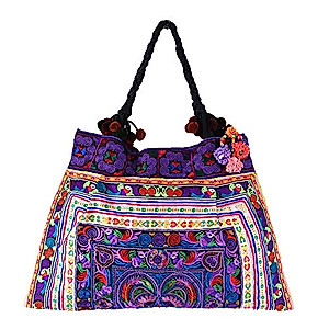 changnoi Unique Fair Trade Tote Bag Embroidered Fabric Large Size from Thailand (Bird Purple)