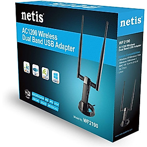 Netis WF2190 Wireless AC1200 Long-Range USB Adapter, Supports Windows, Mac, Linux, Two 5dBi High Gain Antennas, Free USB Cradle