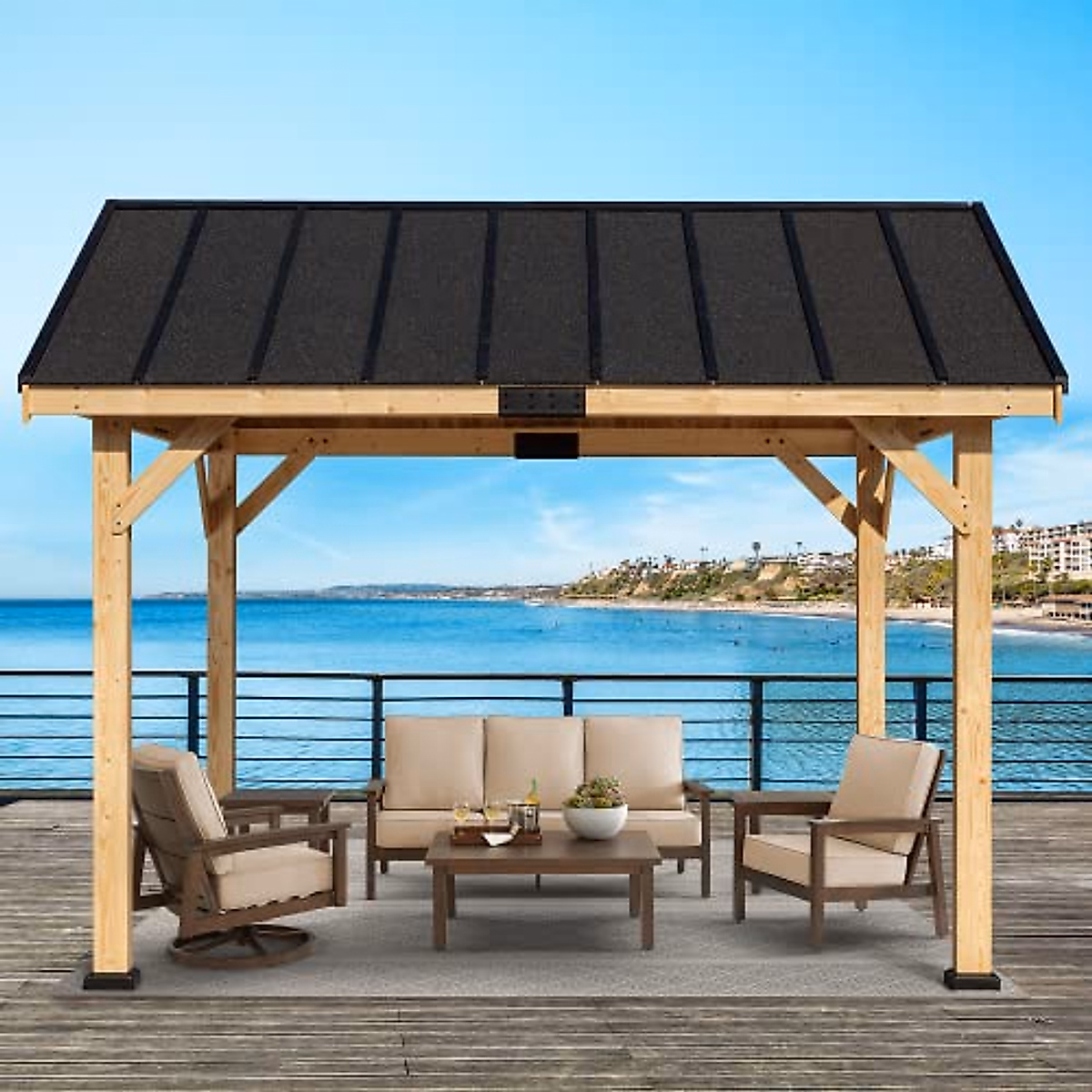 Erinnyees 12' x 11' Solid Spruce Wood Hardtop Gazebo with Waterproof Asphalt Roof for Lawn, Garden, Deck, Patio