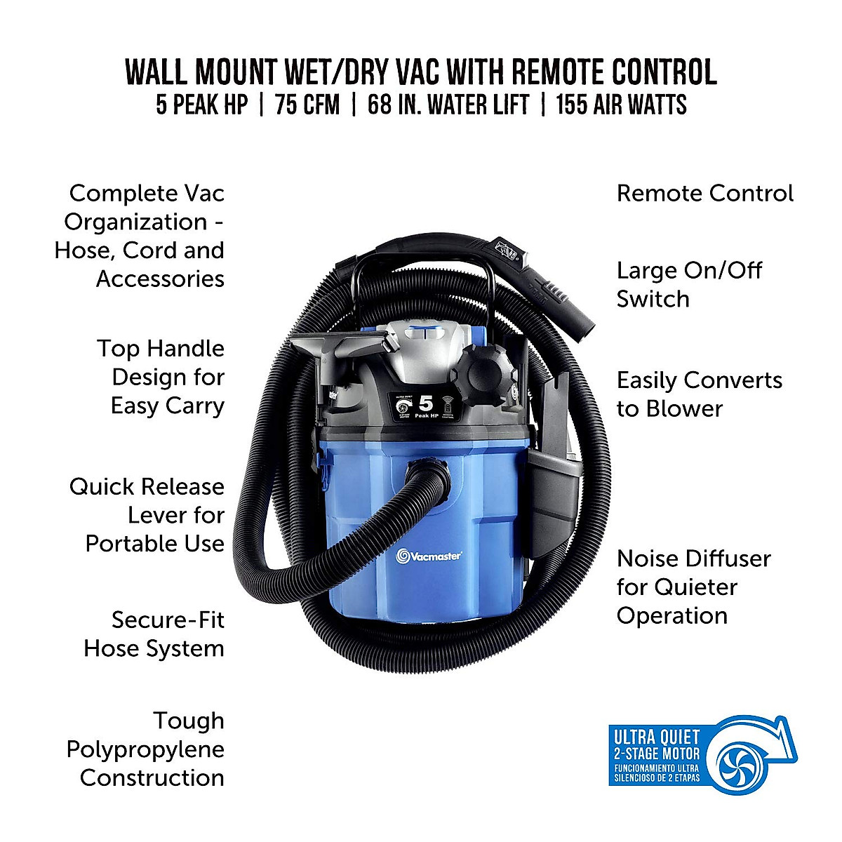 Vacmaster VWM510 5-Gallon 5 Peak HP Remote Control Wall Mount Wet/Dry Shop Vacuum , Blue