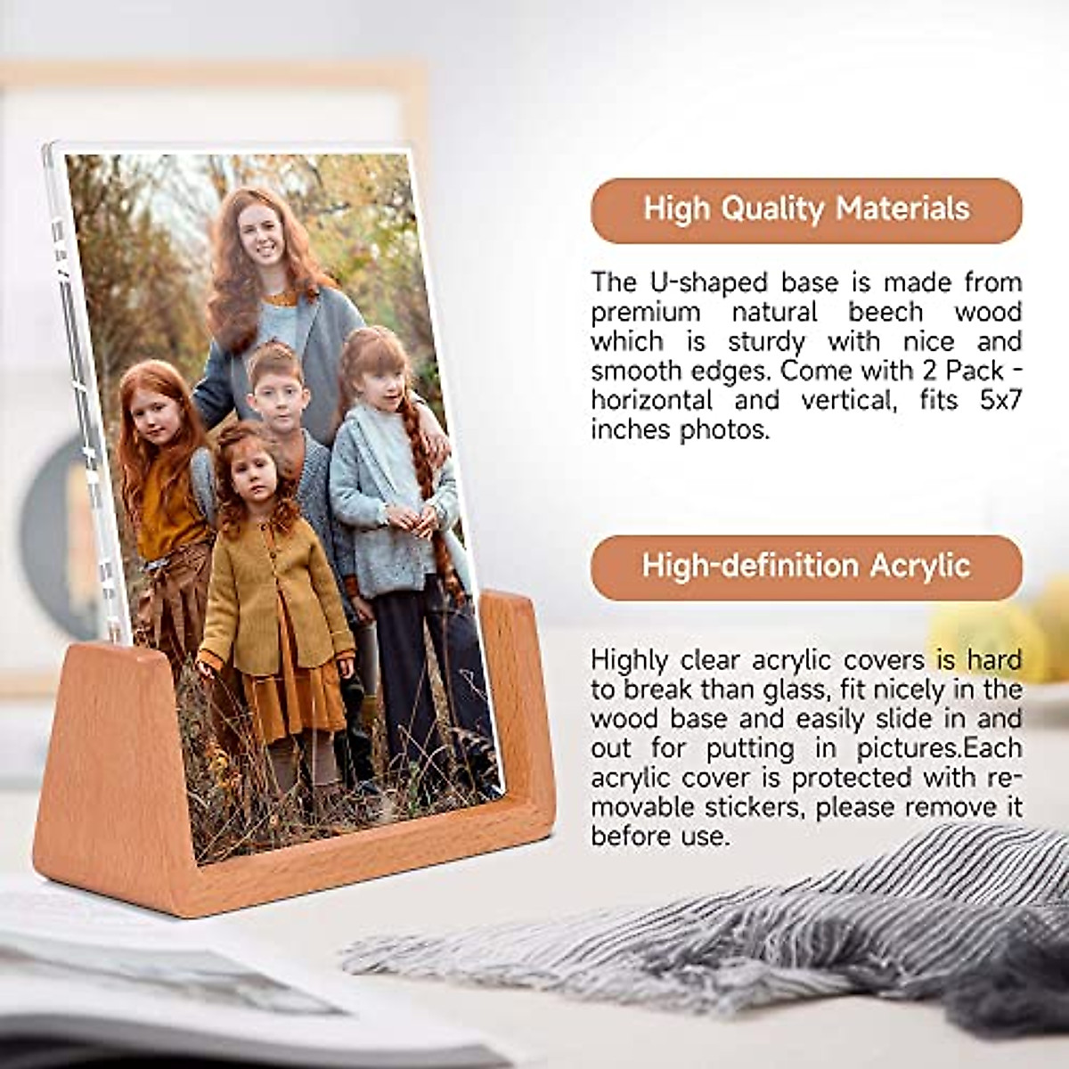 Komimaci 4x6 inch Picture Frames 2 Pack - Wooden Photo Frame with Wood of Beech Base and HD Plexiglas Cover for Tabletop or Desktop Display(4x6 inch, Horizontal & Vertical)