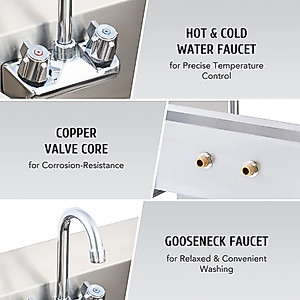 WILPREP Commercial Hand Wash Sink, NSF Stainless Steel Commercial Utility Sink with Gooseneck Faucet and Strainer, 17x15 Inch Wall Mount Kitchen Sink for Restaurant Bar RV Bathroom Laundry Room