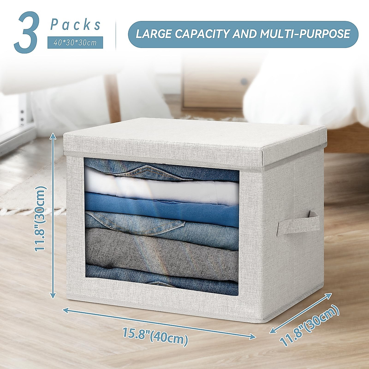 Bellzacasa Large Collapsible Storage Bins with Lids, 3 Pack Foldable Clear Window Storage Boxes with Handles, Linen Fabric Storage Cubes Baskets Organizer Containers, Beige, 15.8x11.8x11.8”