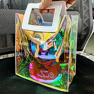 KeerxunBag 1 Pack Holographic Gift Bags with Handles & 2 Tissue Paper Sheets – Iridescent Transparent Reusable Bags for Women, Girls, Birthdays, Weddings，Pink Gift Bag