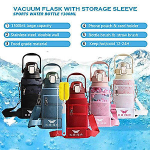 44 Oz Stainless Steel Water Bottle with Straw, Insulated Double Walled Thermos with Wide Mouth and Leak Proof Lid, Jug with Handle, Straw and Sleeve - Large BPA Free Metal Flask