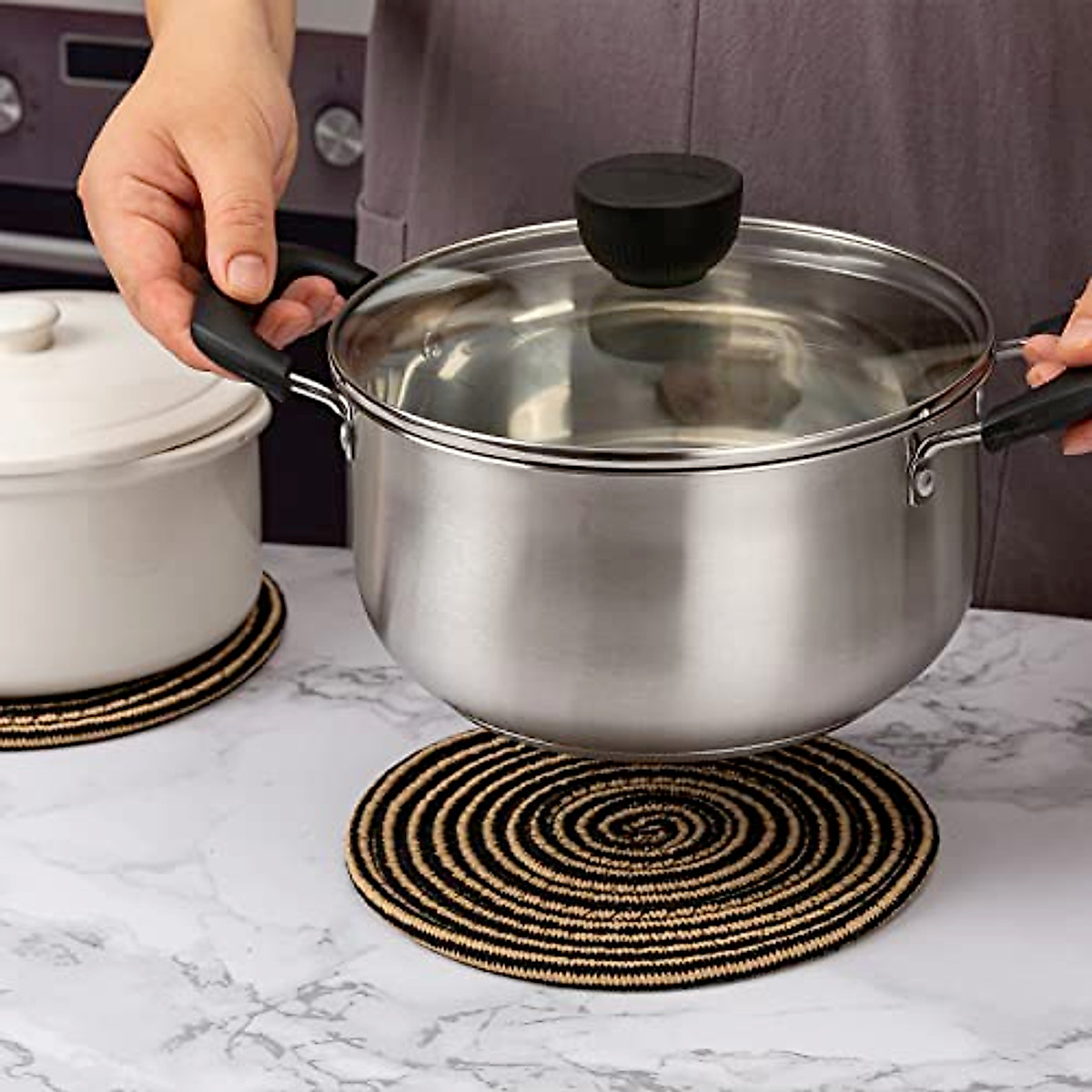 Trivets for Hot Dishes, Large Trivet for Hot Pots and Pans 8 inches, Hot Pads for Kitchen Table, Coasters Cotton Mat to Protect Counter, Cooking Potholder (Stripe 5 Pcs)