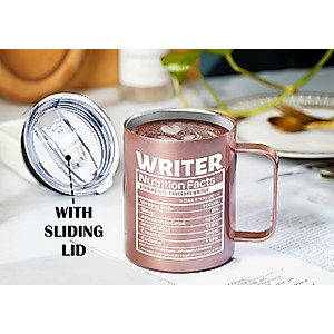 Onebttl Writer Gifts for Women/Men - 12oz Stainless Steel Insulated Mug with Lid - Graduation/Birthday/Christmas Gift for Writers, Novelist, Scriptwriter - Facts, Rosegold
