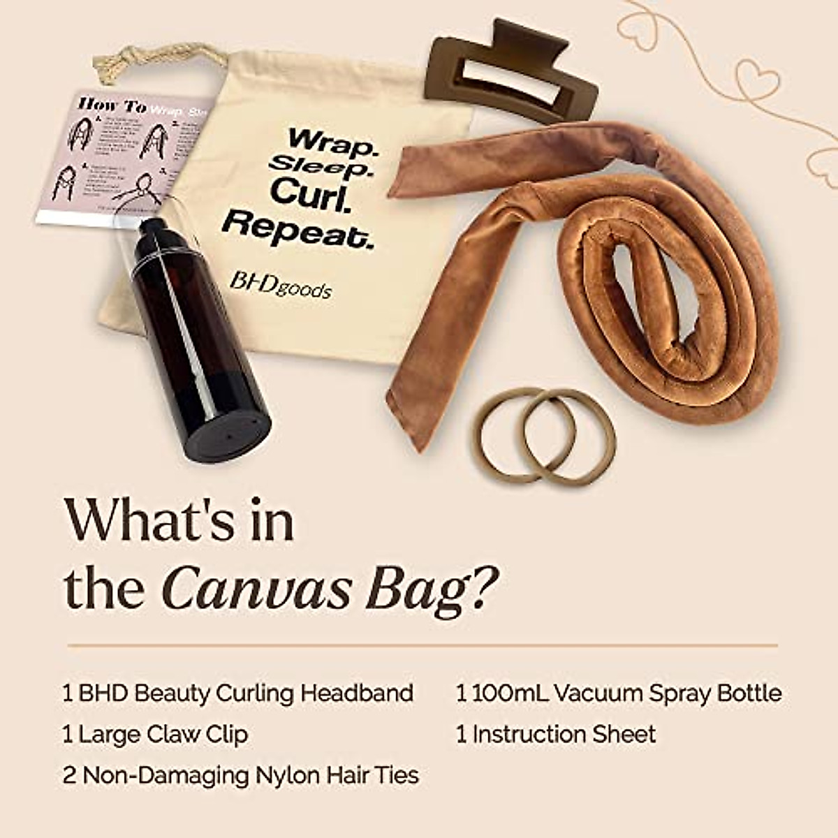 BHDbeauty No Heat Curling Headband You Can Sleep In- Heatless Overnight Natural Curls- Rod Ribbon Lazy Hair Curler Wrap Kit for Long Hair- Includes Bonus Airless Spray Bottle, Caramel, 5 Piece Set