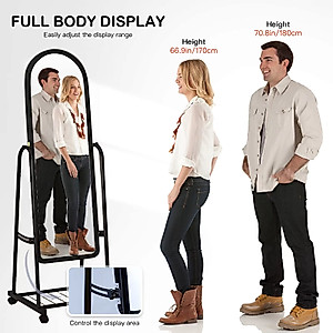 Jexdar Full-Length Mirror with Bracket, 66"x17"Adjustable Stand Up Mirror on Wheels with Underneath Storage, Floor-Standing Make Up Vanity Mirror Dressing Mirror for Bedroom Bathroom Porch