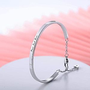 INBLUE Personalized Identification ID Bracelet Bangle for Women Men Name Engraved Adjustable Stainless Steel Cuff Water-Resistant Gift for Girlfriend Sister Bridesmaid Gifts (Silver)