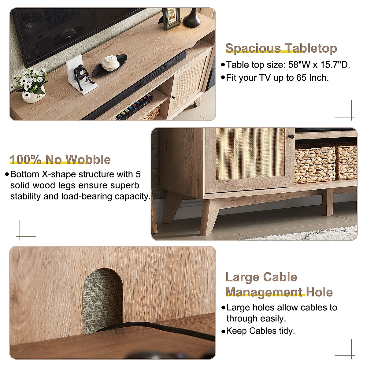 OKD TV Stand for 65+ Inch TV, 32'' Tall Highboy Entertainment Center, Mid Century Modern Media TV Console with Natural Rattan Door, Adjustable Shelves, Boho Television Stand, Oak