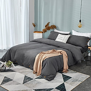 Argstar 2 Pieces Button Duvet Cover Twin Size, Dark Grey Duvet Cover Set with Button Closure, Washed Microfiber Soft & Easy Care Bedding Comforter Cover with Ties (1 Gray Duvet Cover, 1 Pillowcase)
