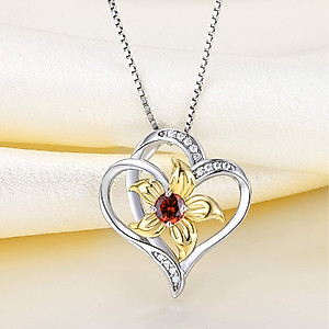 YL Women's Heart Necklace Sterling Silver Lily Flower Love Pendant 18k White Gold Created Garnet Jewelry