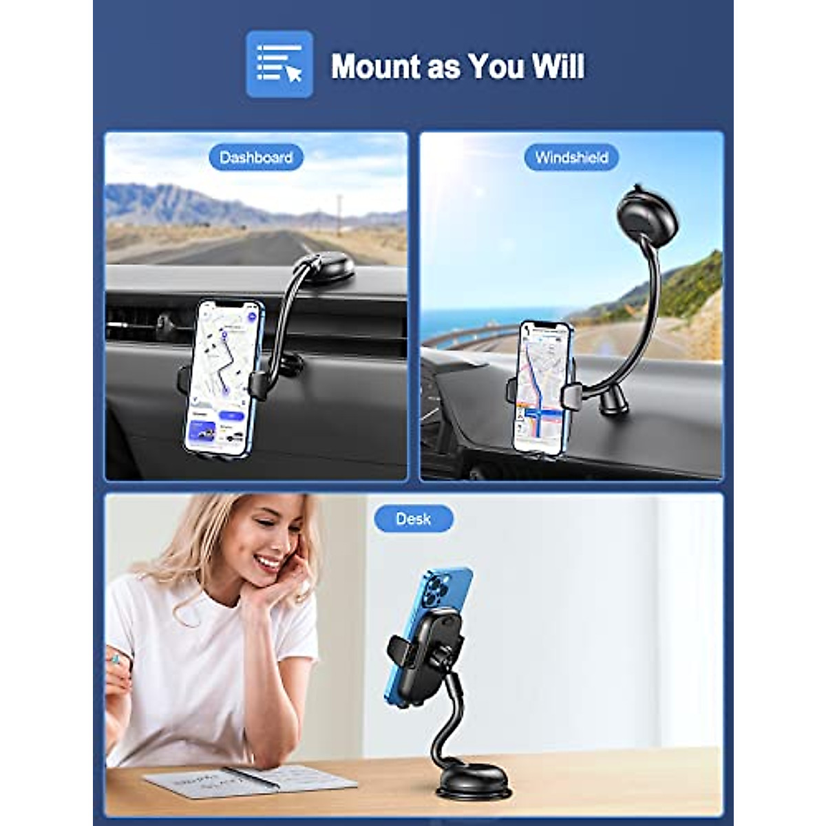 Cezuly Phone Mount for Car [Anti-Shake Stabilizer], 7.5" Gooseneck Windshield & Dashboard Car Phone Holder Mount, [Strong Suction Cup] Long Arm Cell Phone Holder Car Compatible with 4-7" Phones