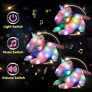 Hopearl LED Musical Stuffed Unicorn Playset Lighting Up Singing Plush Toy Mommy Unicorn with 3 Baby Unicorns in her Tummy Lullaby Animated Soothe for Mom Toddlers Girls, Rainbow, 19''