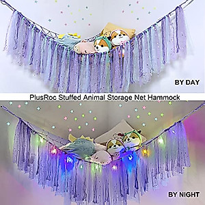 PlusRoc Stuffed Animal Storage Net Or Hammock With LED Star Light And Glow Stars, (Purple) Corner Toy Organizer Holder Bags For Kids Room Bedroom Wall Décor