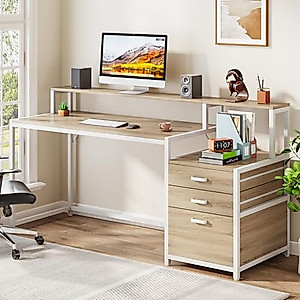 LITTLE TREE 63 Inch Computer Desk with File Drawer Cabinet, Home Office Desks with Ergonomic Monitor Stand