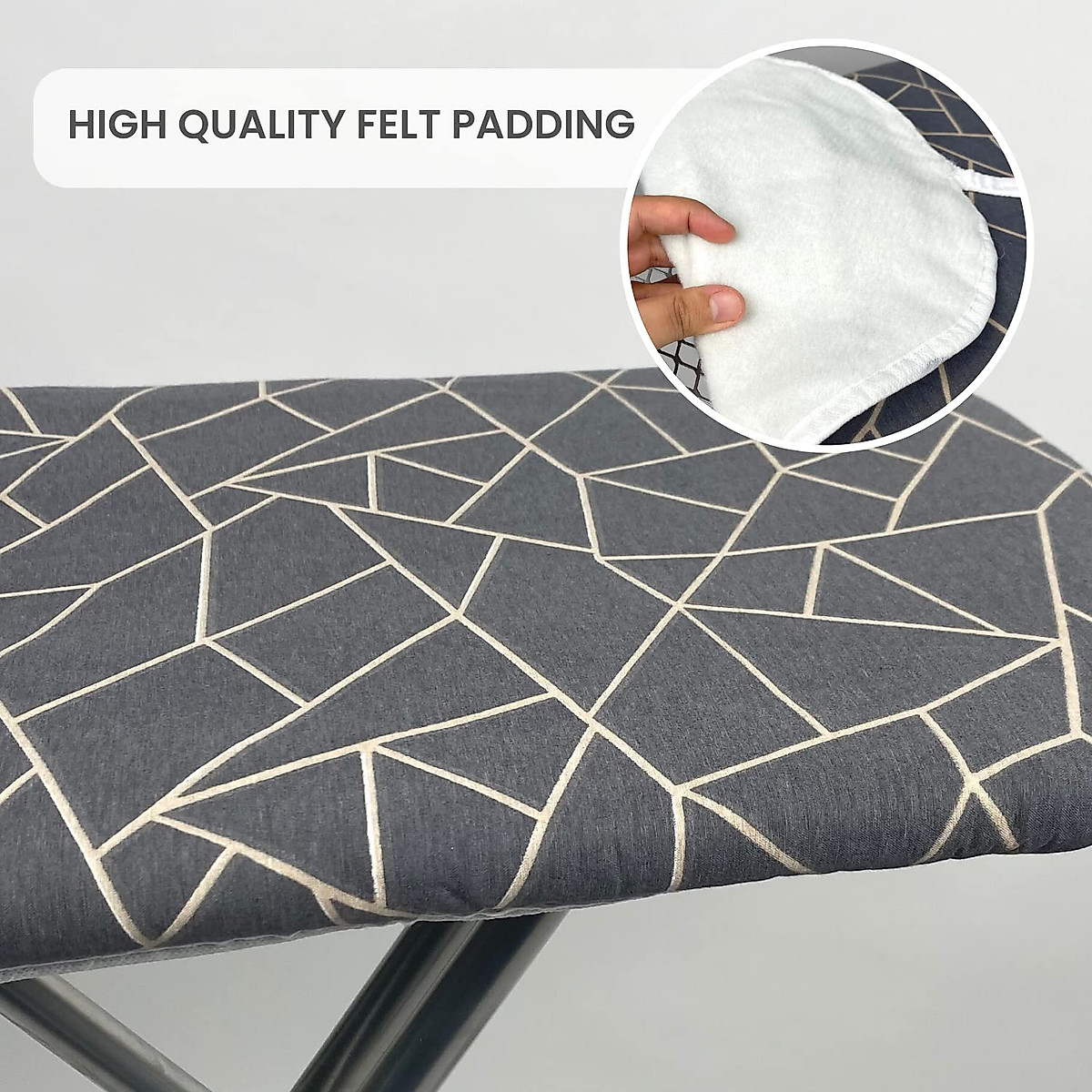 SAVUK Ironing Board and Cover Drawstring Tightening with Thick Felt Padding Scorch Resistant Easy Fit Heavy Reflective Duty Adjustable 3 Layer Standart Size 15x54 inch(Geometric Grey)