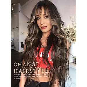 AISI QUEENS Brown Wig with Bangs for Women Long Wavy Hair Wig Brown Highlight Wig Curly Wavy Synthetic Wigs for Girls Daily Party Use