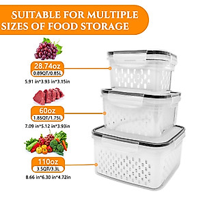 Midgod 3 Pack Fruit Storage Containers for Fridge, Leakproof Fruit Containers For Fridge with Removable Colanders/Basket, 2 in 1 Produce Containers with Lid for Salad Berry Vegetables Meat Keeper