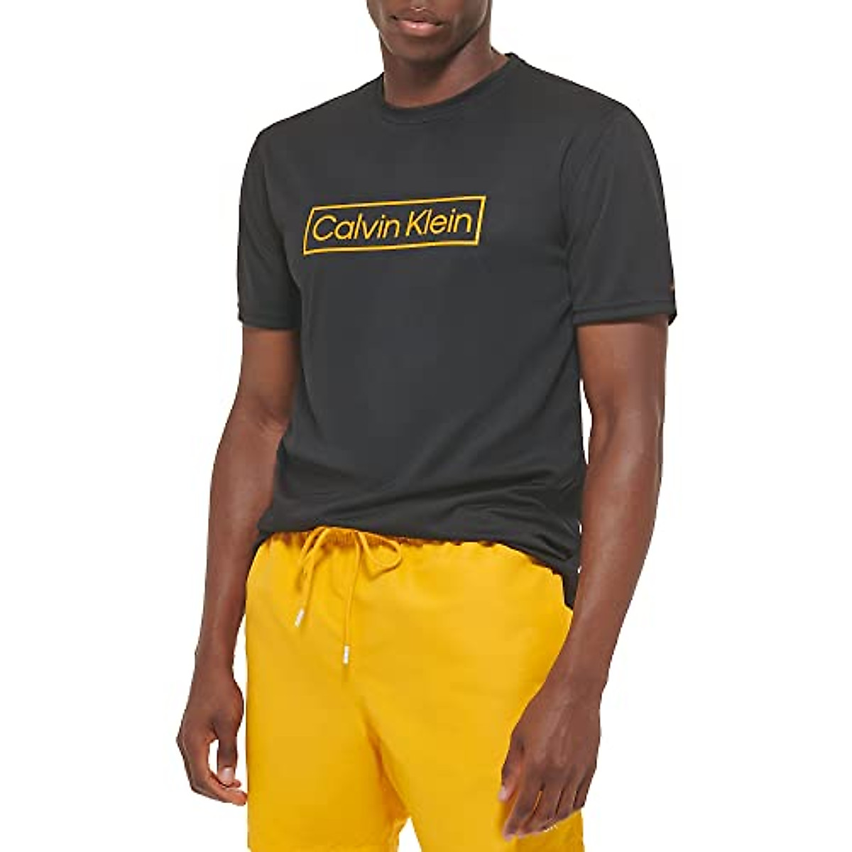 Calvin Klein Men's Standard Light Weight Quick Dry Short Sleeve 40+ UPF Protection Active Top, Black Logo, X-Large