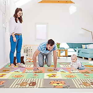 Baby Play Mat, 79 x 71 x 0.4 Inch Folding Baby Crawling Mat, Waterproof Reversible Playmat for Infants, Toddler, Kids, Indoor Outdoor Use (Elephant & Lion)