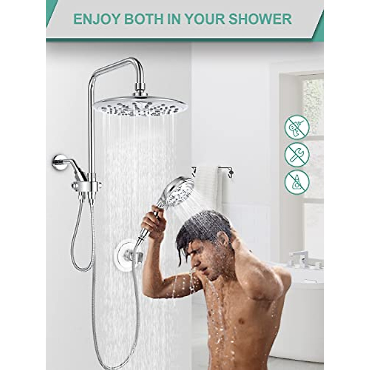 SR SUN RISE 9 Inch High Pressure Rain Shower Head Combo with Filtered Shower Wand, 8 Water Spray Modes Shower Head with 71 Inch Extra Long Hose