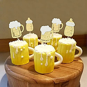Gyufise 24Pcs Beer Mug Baby Bottle Cupcake Toppers Gold Glitter Baby Bottle Cupcake Picks Cheers Celebrating Baby Shower Birthday Party Cake Decorations