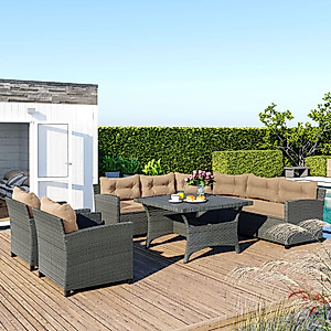 Quarte 6-Piece Outdoor Patio Furniture Sets, All-Weather Rattan Sectional Sofa with Thick Cushions/Pillows/Plywood Table Top, PE Wicker Dinning Set for Garden, Yard, Deck (Beige+6#)