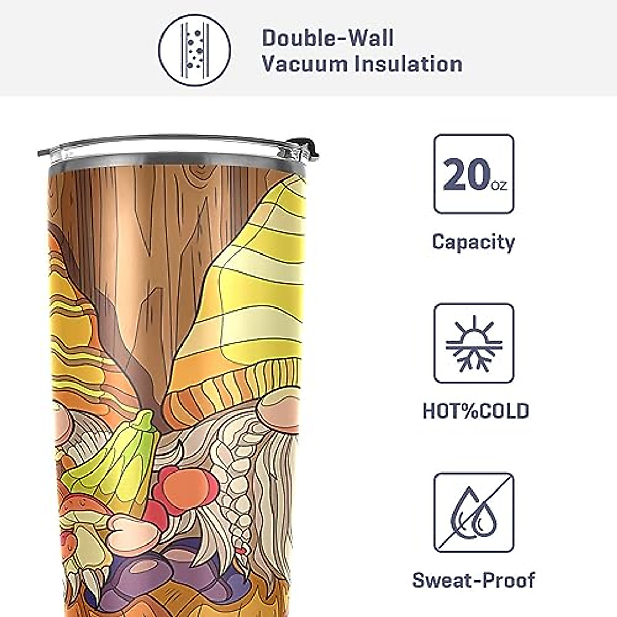 Happy Fall Gnome Dwarf Travel Mug Insulated Tumbler with Lid and Straw Pumpkin Mushroom Stainless Steel Vacuum Double Walled Drinking Cup Keeps Drinks Cold & Hot Water Bottle for Travel Coffee Home