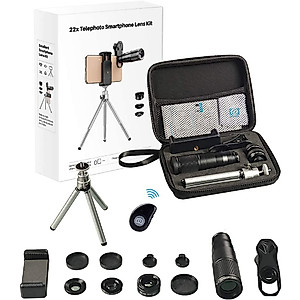 APEXEL 6 in 1 Phone Lens Kit - 22X Telephoto Lens, 205° Fisheye Lens, 120° Wide Angle Lens & 25X Macro Lens(Screwed Together), Compatible with iPhone 11 8 7 6 6s Plus X Xs/Max XR Samsung