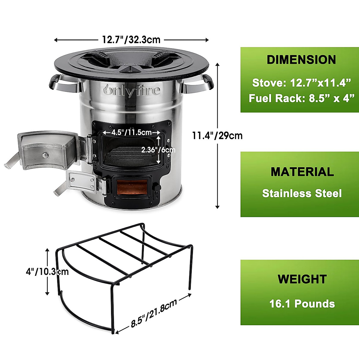 Onlyfire Rocket Stove Outdoor Portable Wood Burning Camp Stove, Large Stainless Steel Camping Stove for Outside Cooking Survival Campfire Patio Backyard Gathering 12.7 x 12.7 x 11.4 Inch