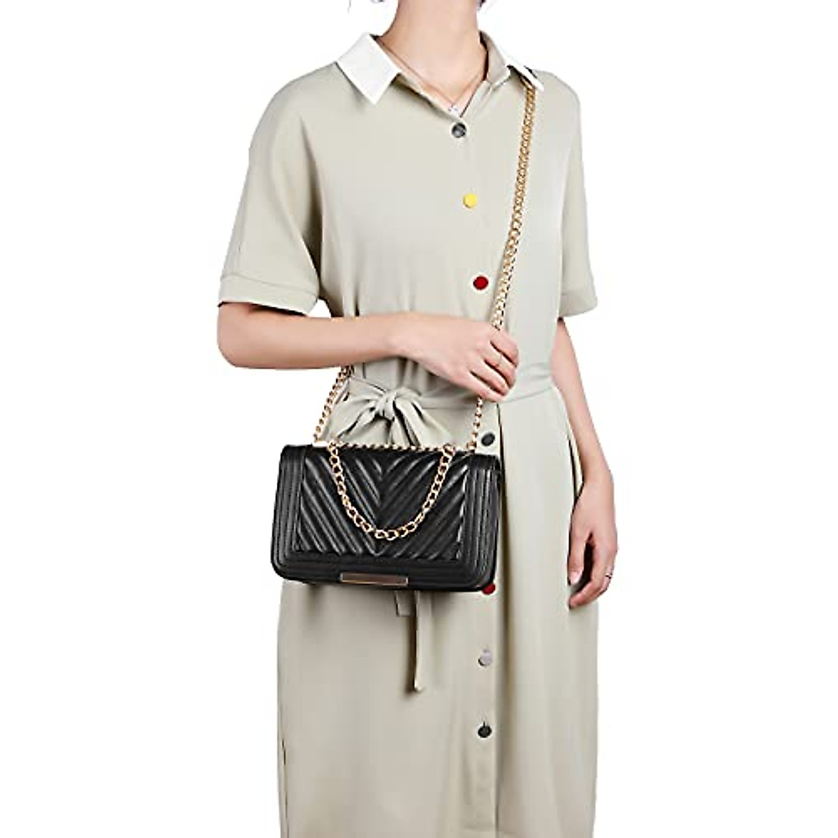 lola mae Crossbody Bags for Women Fashion Quilted Shoulder purse with Convertible Chain Strap Classic Satchel Handbag (Black-LM715)