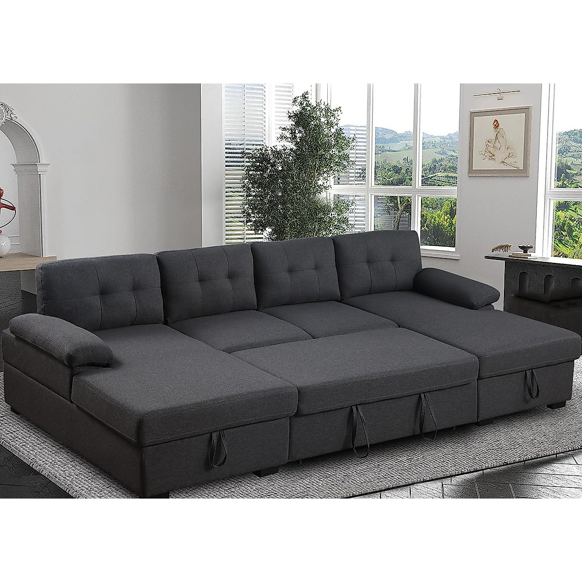 Beaugreen Modern Modular Sofa Couch, Dark Grey - Sectional Sleeper with Pull Out Bed, Double Storage Chaise, 4 Seater